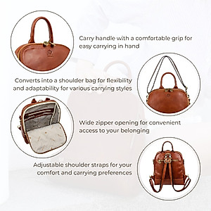 Time Resistance Leather Backpack Convertible to Shoulder Bag Full Grain Real Leather Travel Versatile Bag (Cognac)