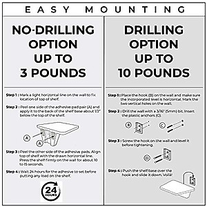Fytz Design White Small Floating Shelf Set of 2 - Small Shelf for Wall with No Drill Shelf Option [ Adhesive Shelf ]