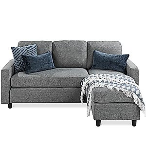 Best Choice Products Linen Sectional Sofa for Home, Apartment, Dorm, Bonus Room, Compact Spaces w/Chaise Lounge, 3-Seat, L-Shape Design, Reversible Ottoman Bench, 680lb Capacity - Gray