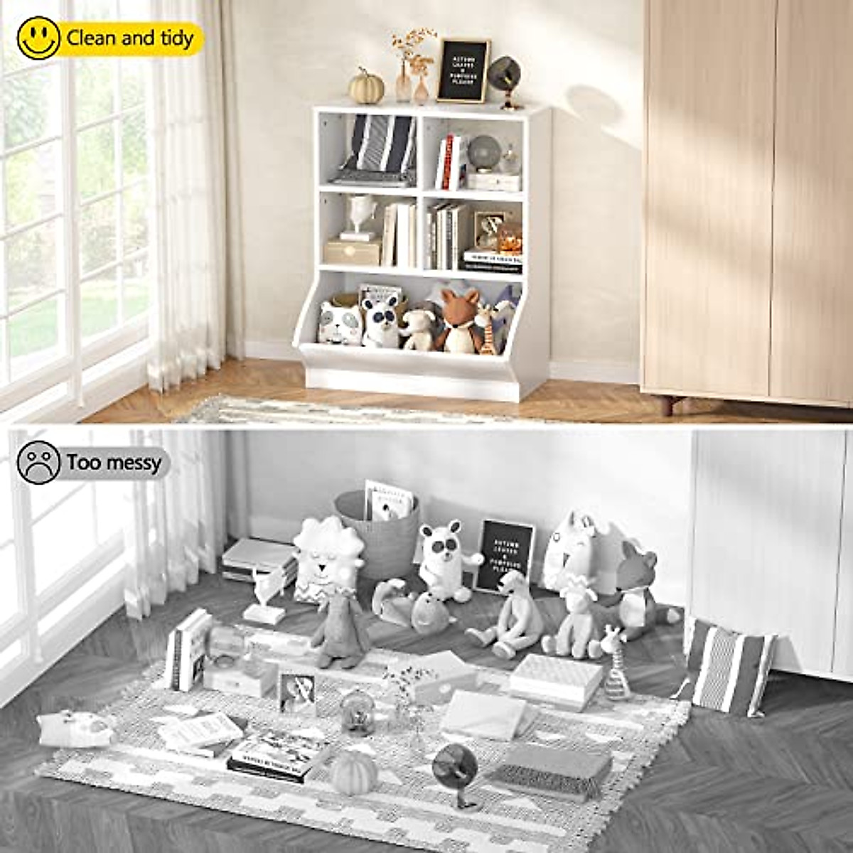 Aheaplus Toy Storage Organizer with Bookcase, 5 Cubby Bookshelf Toy Storage Cabinet, Open Multi-Bins Toys&Books Storage Display Organizer for Playroom, Bedroom, Nursery, School, White