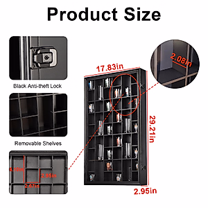 Sboitflmm Shot Glass Display Case - 46 Shot Glass Holder - Shot Glass Shelf Wall Mount Wooden Lockable with Removable Shelves for Collection Shot Glass UV Protection Acrylic Glass Door, Black