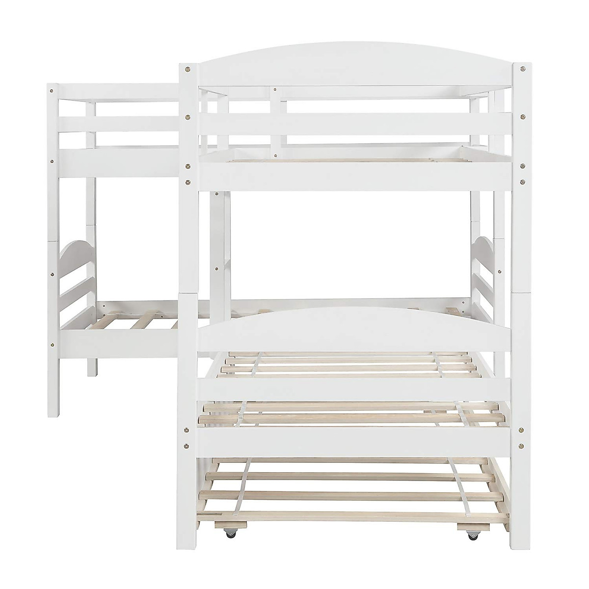 Harper & Bright Designs Quad Bunk Bed with Trundle, L Shaped Bunk Bed for 4 Kids, Wooden Twin Bunk Bed Frame for Kids Teens Adults - White