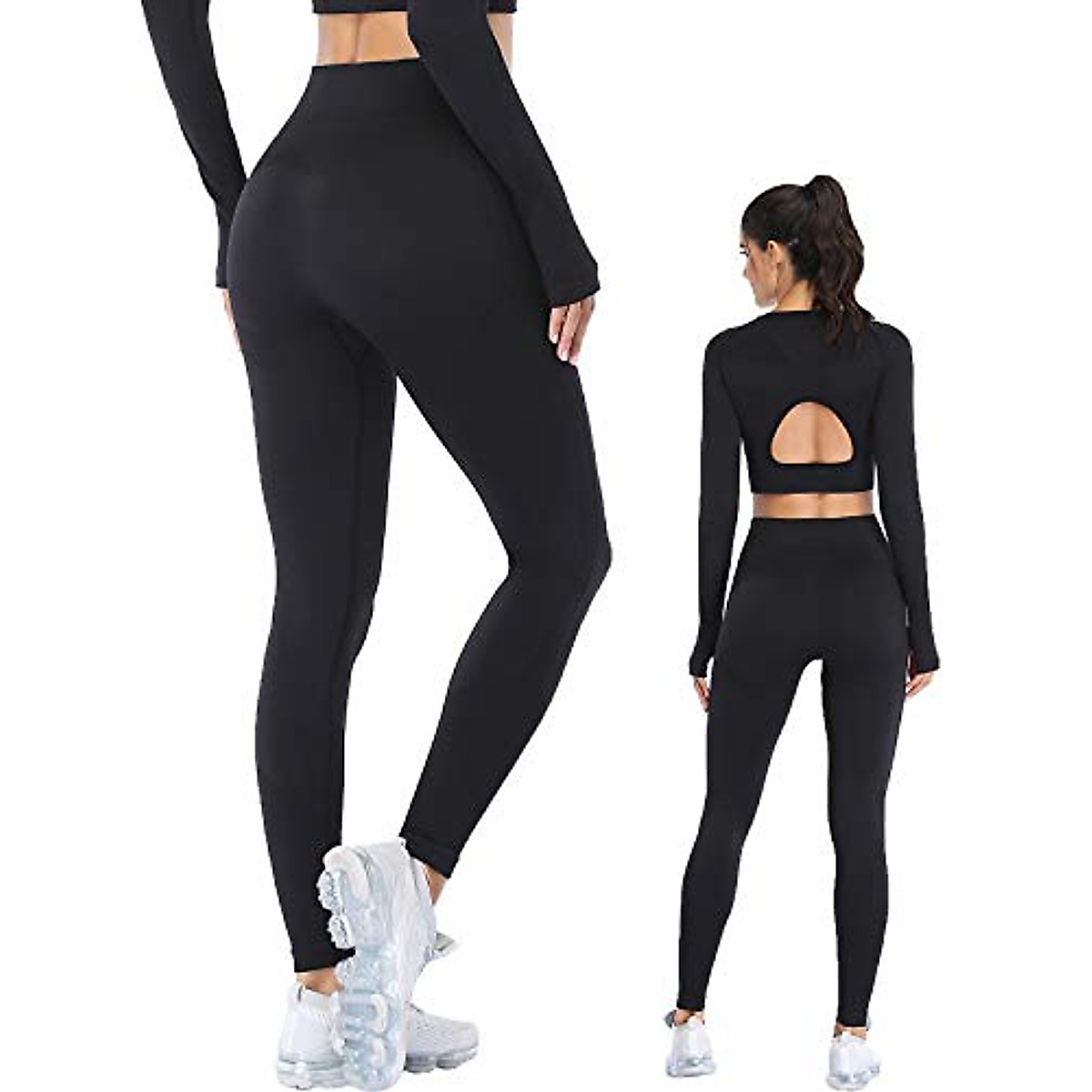 JOLLMONO Workout Sets for Women 2 Piece Yoga Gym Outfits Seamless Ribbed Leggings with Long Sleeve Tops(8003M-Black)