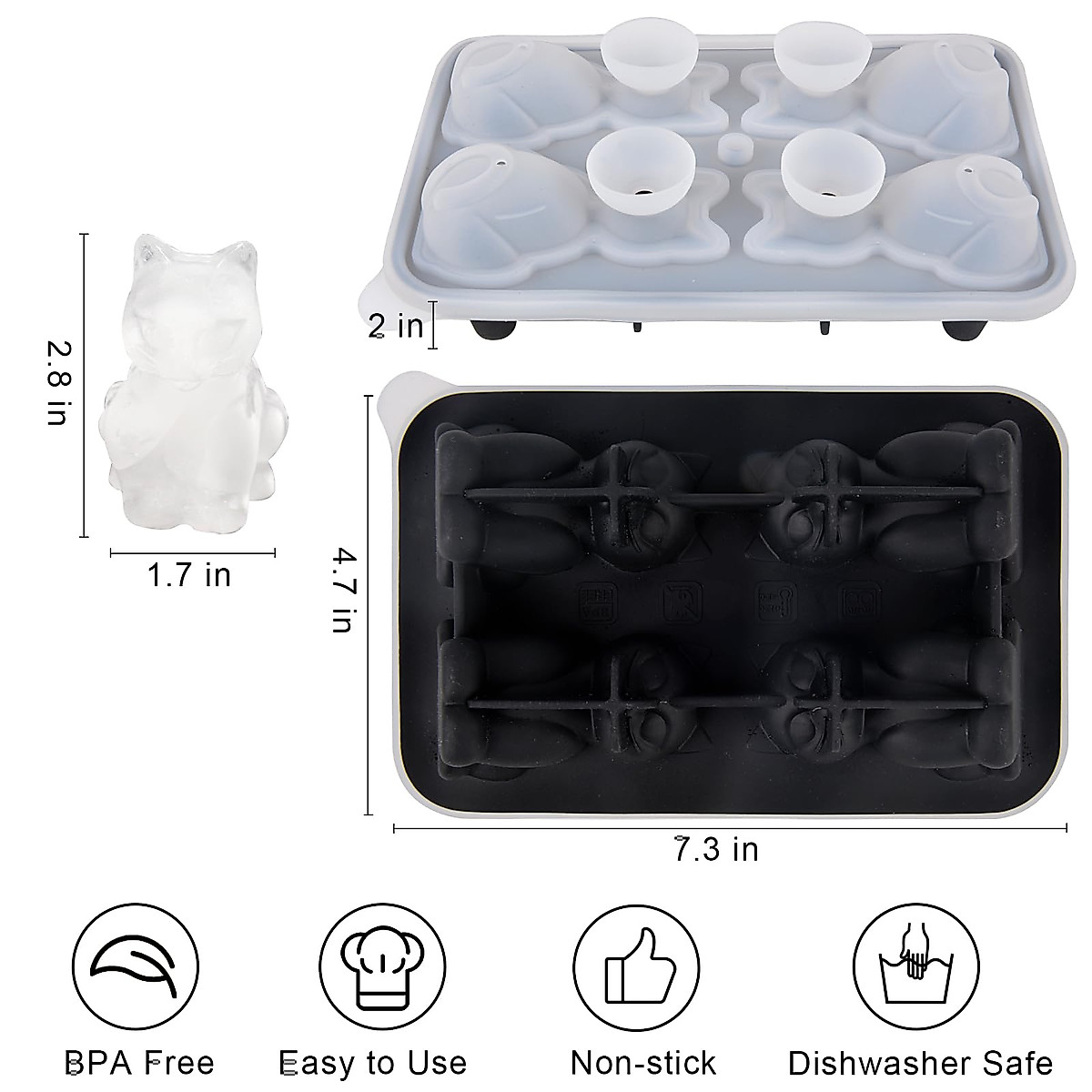 Cat Ice Cube Tray Mold - 3D Cat Shape Ice Cube Trays, Cute Ice Cube Molds for Whiskey Bourbon, 4-Hole Large Fun Shapes Ice Cube Trays, Funny Cat Gifts for Cat Lovers Women Men