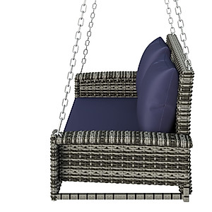 ERYE Outdoor PE Wicker Swing Chains, Pillows for Garden, Backyard, Pond Porch Furniture Set, 2 Seaters Double Rattan Cushioned Conversation Hanging Sofa & Couch, Gray+Blue