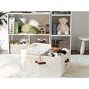 StorageWorks 55L Storage Bin, Decorative Closet Storage Box with Double-Open Lid, Divider Board and 3 PU Handles, Hand Wash, Canvas, Ivory White, Extra Large