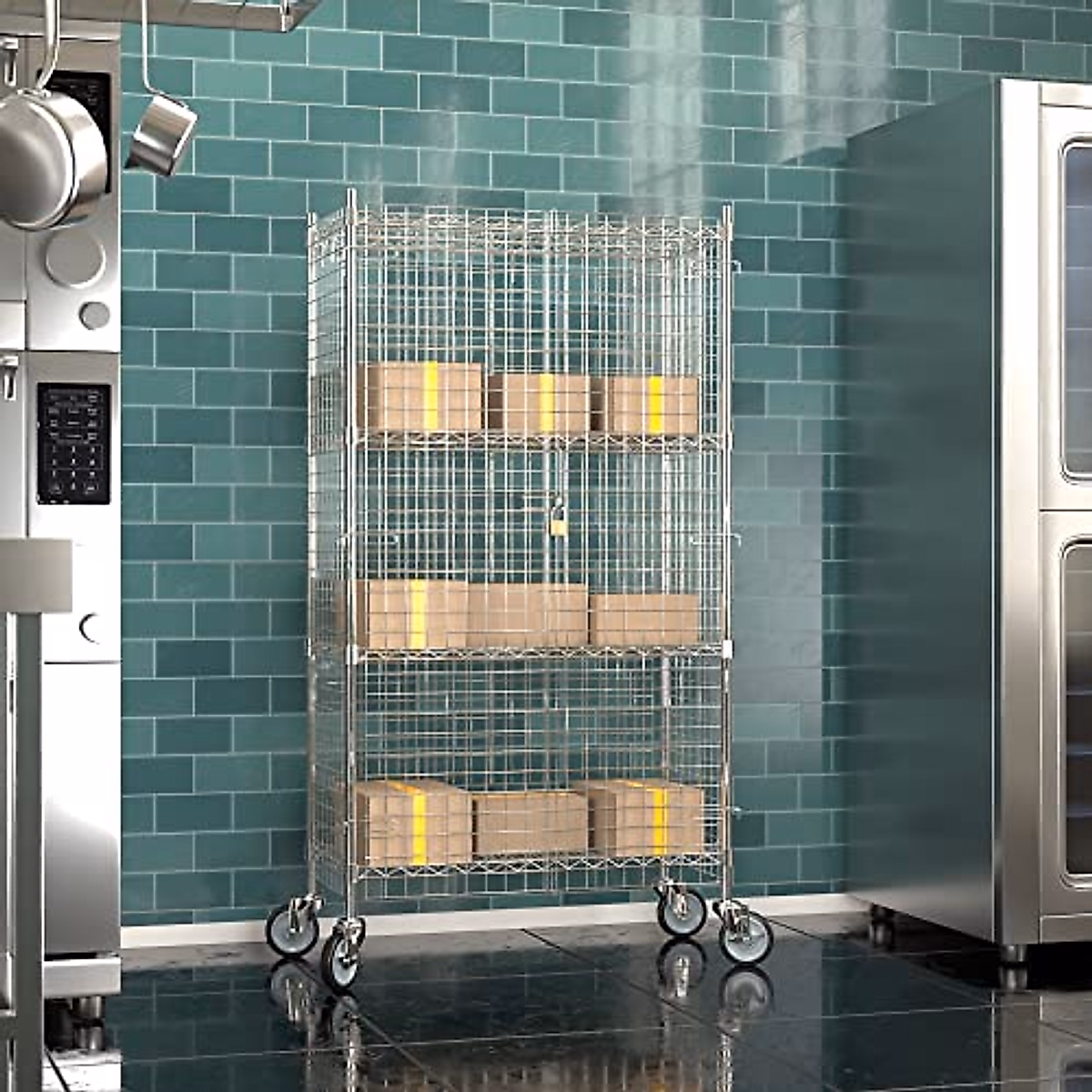 Krollen Industrial NSF Mobile Wire Chrome Security Cage Kit - 18" x 36" x 69" with 4 Shelves