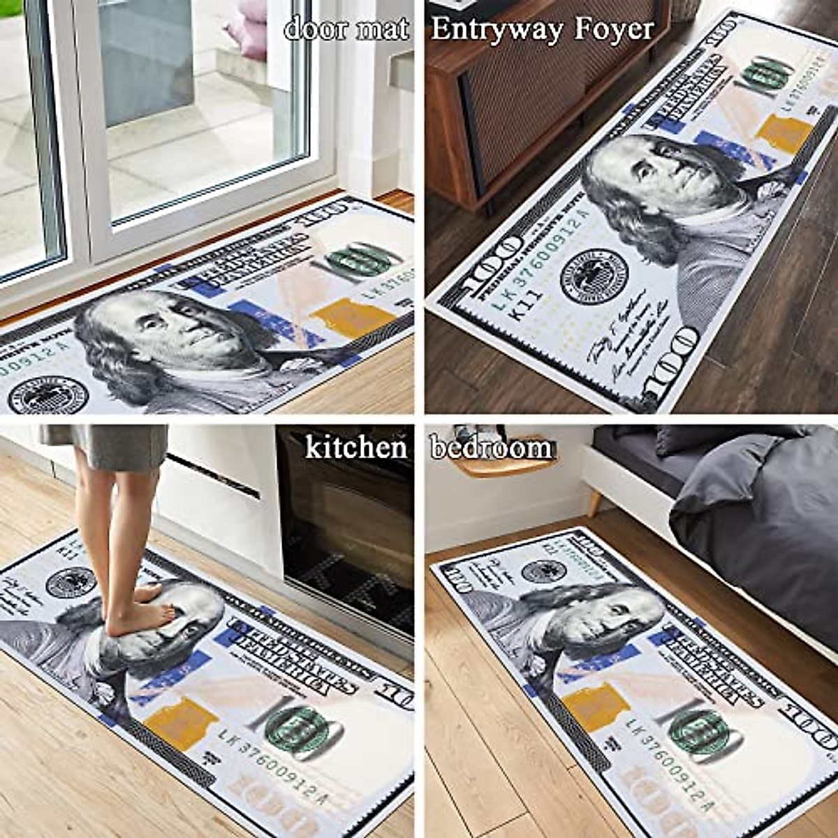 Ileading New Hundred Dollar($100) Bill Money 2' X 5' Indoor Runner Rug, Non-Slip Money Area Rug for Living Room Bedroom Kitchen Laundry Mat (24"X59" Green Multicolor)