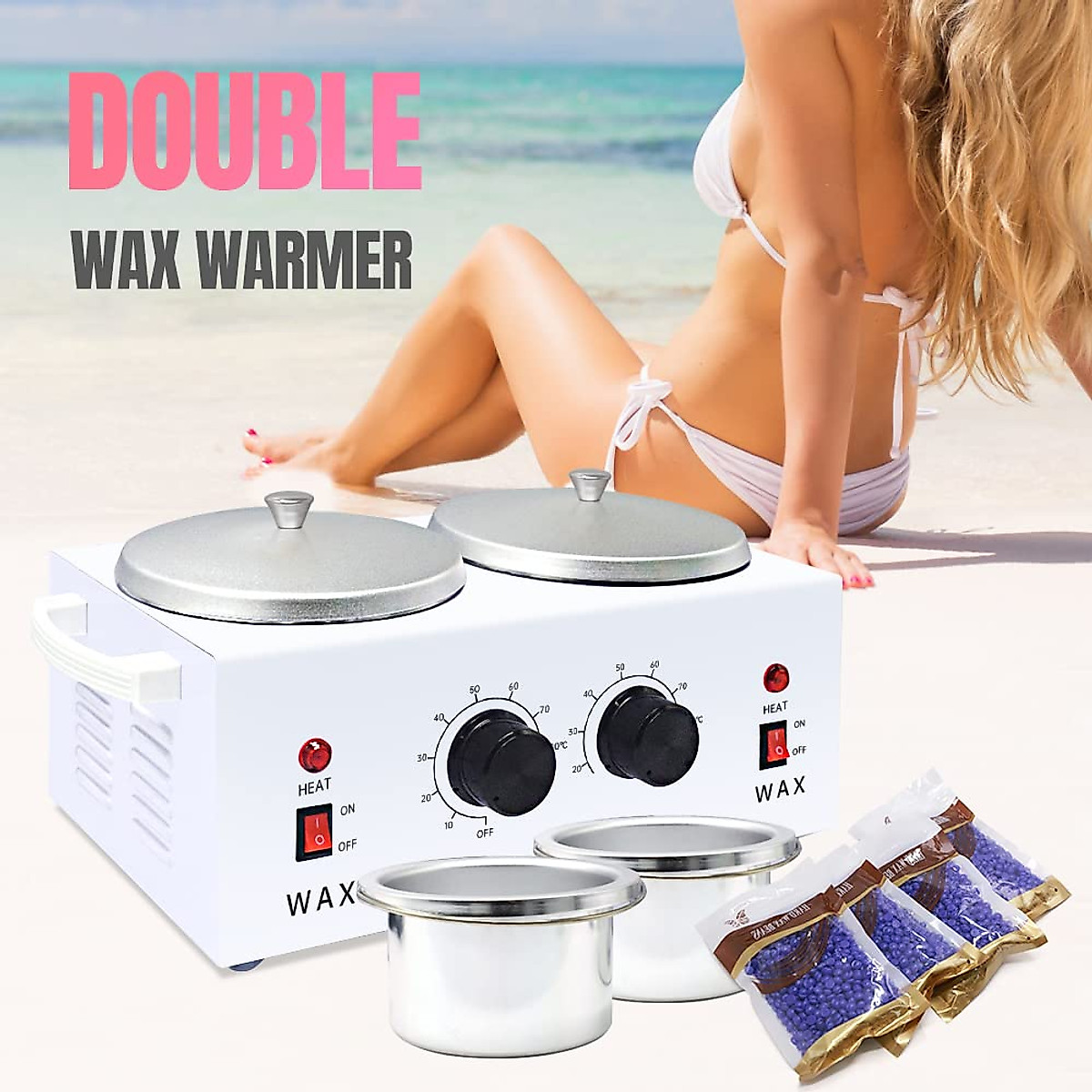 Double Wax Warmer Kit, Professional Dual Waxing Pot with 4 Pack Wax Beans 100pc Wooden Sticks,110V Electric Heater Machine for Hair Removal Home/Salon/SPA Adjustable Temperature