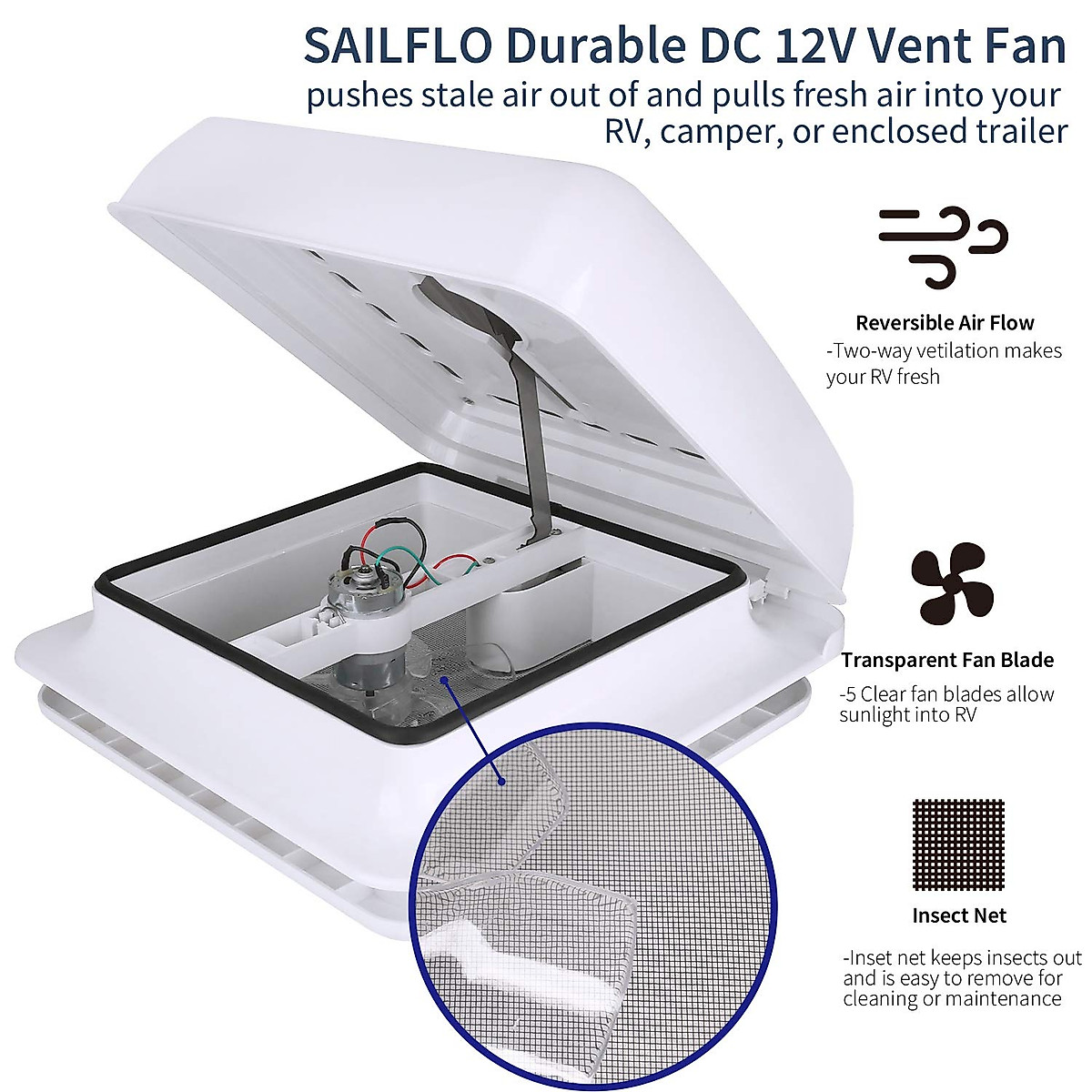 RV Roof Vent Fan Camper Skylights Ventilation Cover with Reversible Airflow Fan Net Manual Lift Dome Lid Heavy Duty Easy to Install for Trailer Motorhome Windows Opening 11” White