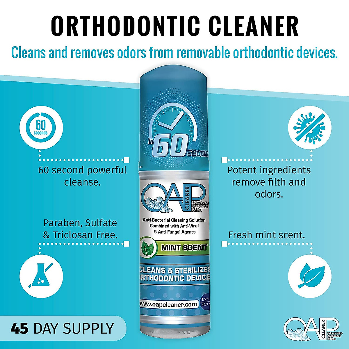 Orthodontic Cleaner by OAP Cleaner | Retainer Cleaner, Denture Cleaner, and Mouth Guard Cleaner | 60 Second Foam Cleanser | Paraben, Sulfate and Triclosan Free | 44.3 mL, 3 Bottles