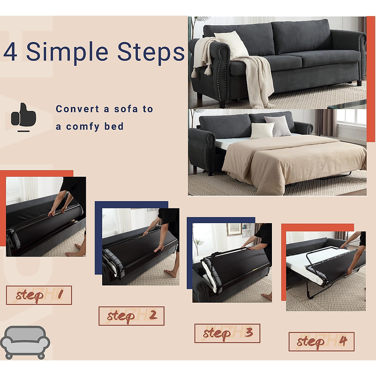 80.7" Pull Out Sofa Bed, 2-in-1 Velvet Queen Convertible Sleeper Couch with Memory Foam Mattress & Solid Wood Bed Frame, Large Pullout Couch Bed for Living Room, Apartment, Small Space,Dark Gray