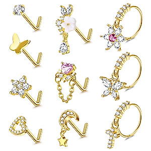 ZELORES 10 Pcs 20G Gold Nose Ring Studs for Women Stainless Steel L Shaped Dangle Nose Studs CZ Cross Butterfly Gold Dangle Nose Rings Hoops Set (Gold Tone)