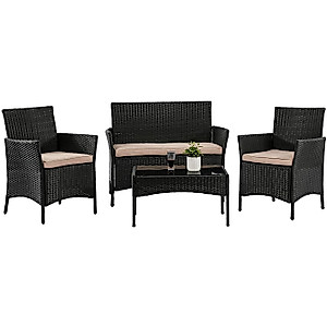 Outdoor Patio Furniture Sets 4 Pieces Patio Set Rattan Chair Wicker Sofa Conversation Set Patio Chair for Backyard Lawn Porch Poolside Balcony Garden Furniture Sets with Coffee Table (Black)
