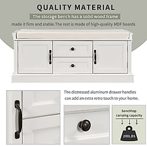 Shoe Bench Entryway with Storage, Entryway Bench with Removable Cushion, Solid Wood Storage Bench with 2 Drawers and 2 Cabinets for Living Room, Hallway, Closet, 42.5"L x 15.9"W x 17.5"H，White