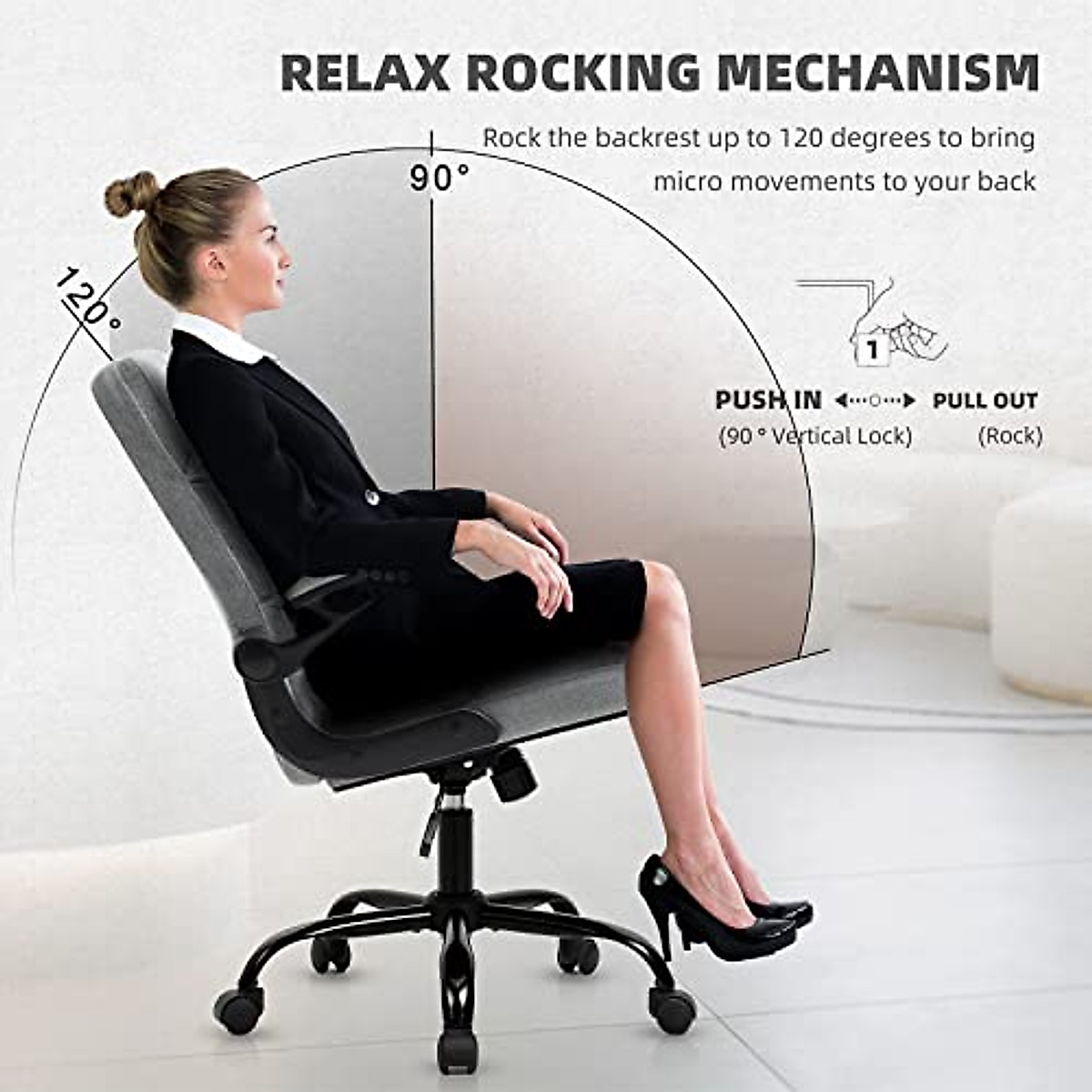 SEATZONE Home Office Chairs with Wheels, Comfortable Ergonomic Flip-up Armrest Adjustable Computer Desk Chair Backward Tilt