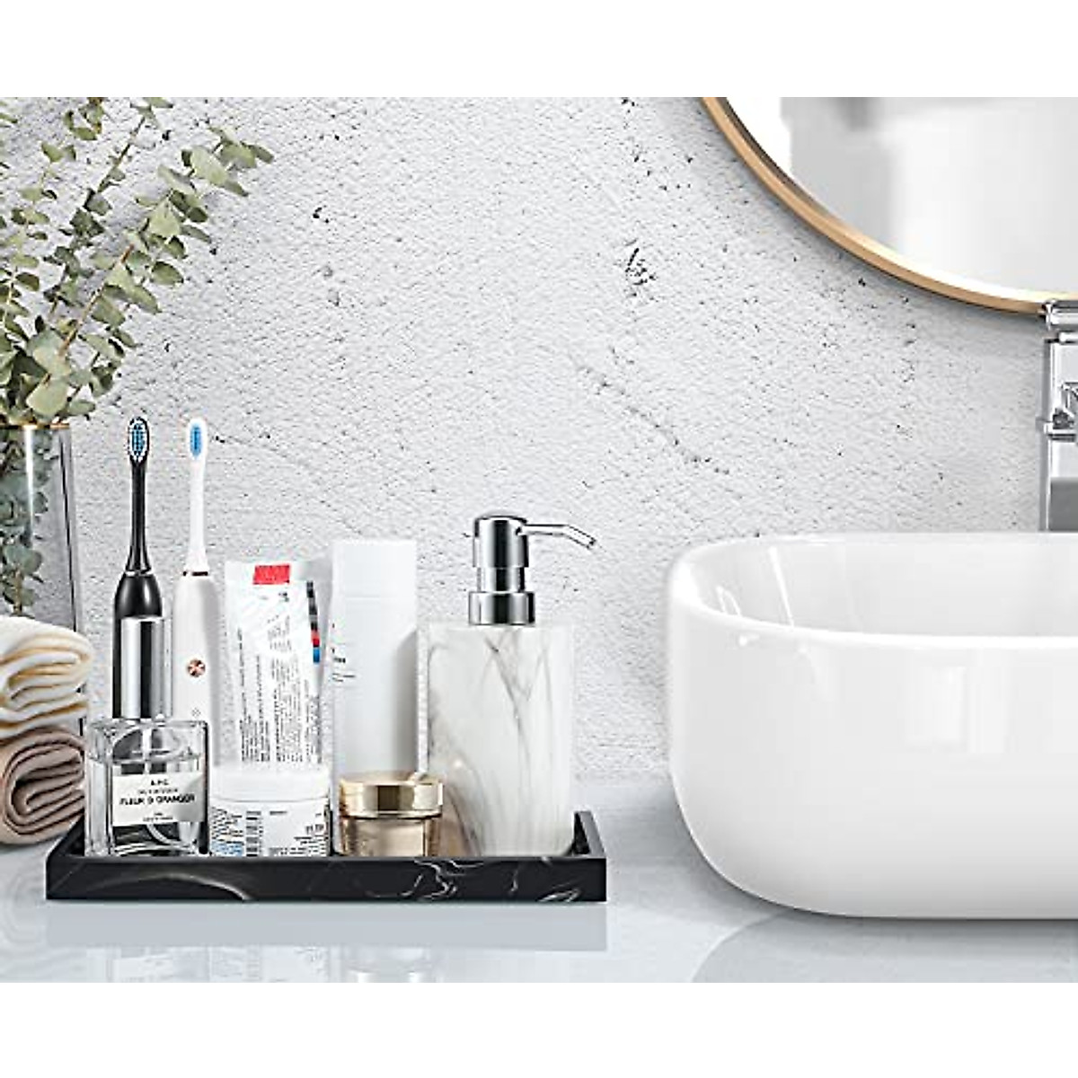 Luxspire Bathroom Vanity Tray, Resin Dresser Jewelry Ring Dish Tank Storage Kitchen Sink Countertop Organizer Plate Holder for Perfume Candles Soap Towel Plant Bathroom Accessories, M, Matte Ink Black