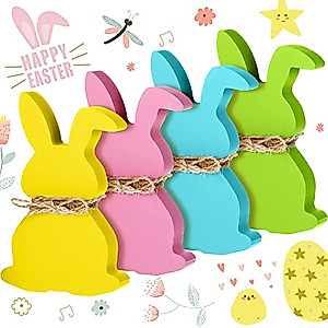 4 Pieces Easter Bunny Table Wooden Signs Spring Bunny Decor Easter Rabbits Shape Signs Farmhouse Easter Decor Easter Tiered Tray Decor with Rope for Easter Party Supplies Desk Office Home Decoration