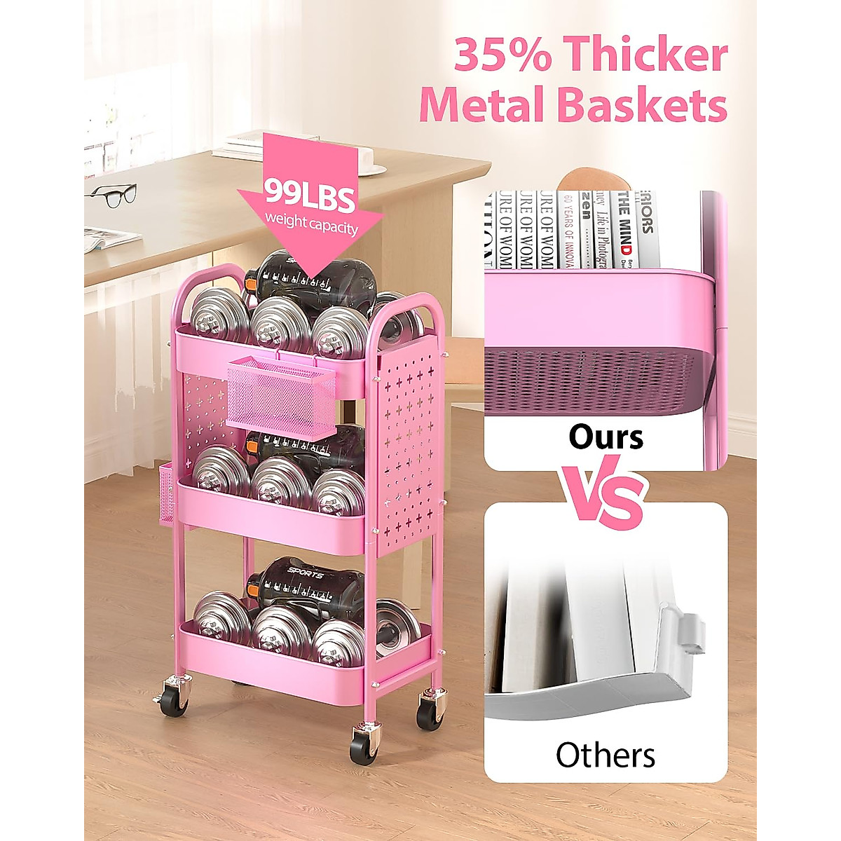 ALVOROG 3-Tier Rolling Utility Cart Movable Storage Organizer Shelves with Wheels and Hanging Cups Multifunctional Service Cart for Kitchen, Office, Coffee Bar-Black