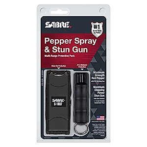 SABRE Self-Defense Kit with Pepper Spray and Stun Gun with Flashlight, 25 Bursts, 10-Foot (3-Meter) Range, Painful µC Charge, 120 Lumens, Rechargeable Battery, Safety Switch
