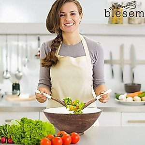 Wooden Salad Bowl Set Large 12" with Server Tongs Spoons, White Bowl with Utensils for Kitchen Gift Decor