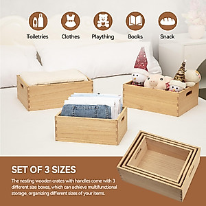KIRIGEN Nesting Wood Crates with Handles Set of 3 - Farmhouse Decor Wooden Storage Containers/ Portable Rolling Tray Basket/ Crates Decorative Boxes Natural 3TH-NA