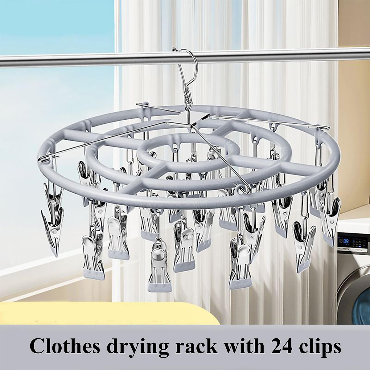 Autminia Stainless Steel Clothes Sock Drying Rack with 24 Clips, Swivel Hook Windproof Clothes Hanger Rack for Sock, Bras, Towel, Underwear, Laundry Clothes, Hat, Scarf, Pants, Gloves (Gray Clips)