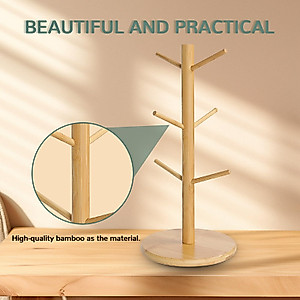 Roucerlin 1 Pack Wooden Coffee Mug Tree, Mug Holder Tree with 6 Hooks, Self-Mounting Mug Tree for Counter, Coffee Mug Stand Rack for Kitchen, Living Room, Coffee Station, Bar (Wood)