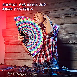 Gionforsy 2pcs Rave Hand Fan Bamboo Holding Hand Fan Large Folding Fan with Bright Color Fabric Folding Fan for Festival (Style-1)