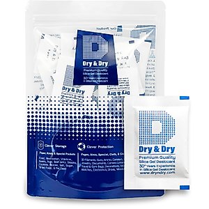 Dry & Dry 5 Gram [50 Packets] Premium Pure and Safe Silica Gel Packets Desiccant Dehumidifiers, Silica Gel Packs - Rechargeable (Food Safe) Moisture Absorbers, Desiccant Packets