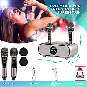 Karaoke Machine for Adults and Kids,Portable Bluetooth 2 Wireless Karaoke Microphone with Holder/USB/TF Card/AUX-in, PA Speaker System for Home Party, Picnic,Car,Outdoor/Indoor