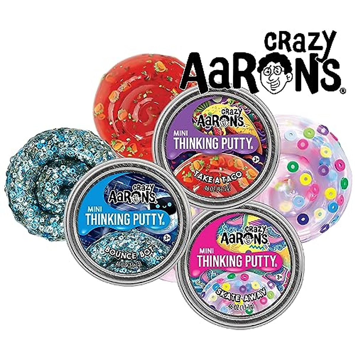 Crazy Aaron's Putty Mini Tins Bounce Bot, Skate Away & Take-A-Taco Gift Set Bundle - 3 Pack (13.3g each)