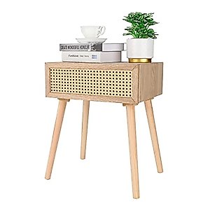 Rattan Nightstand with Drawer, Bedside Table, End Table with Storage, Modern Boho Nightstands, Mid-Century Coffee Table, Small Side Tables for Living Room Bedroom Office Balcony (Natural Walnut)