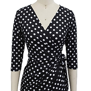 Berydress Women's Classic 3/4 Sleeve V Neck Sheath Casual Party Work Faux Black Wrap Dress (L, 6083-Black Dot)