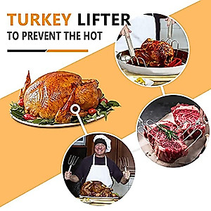 Goeielewe 2-Pack Stainless Steel Turkey Lifter Multi-end Turkey Fork Pork Steak Grill Fork BBQ Hot Dog Roasting Sticks Camping Needle Skewers Thanksgiving