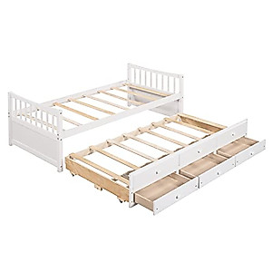 Twin Daybed with Trundle and Storage Drawers Wood Twin Size Bed Frame with 3 Drawers Wooden Platform Beds for Kids Boys Girls Teens, White