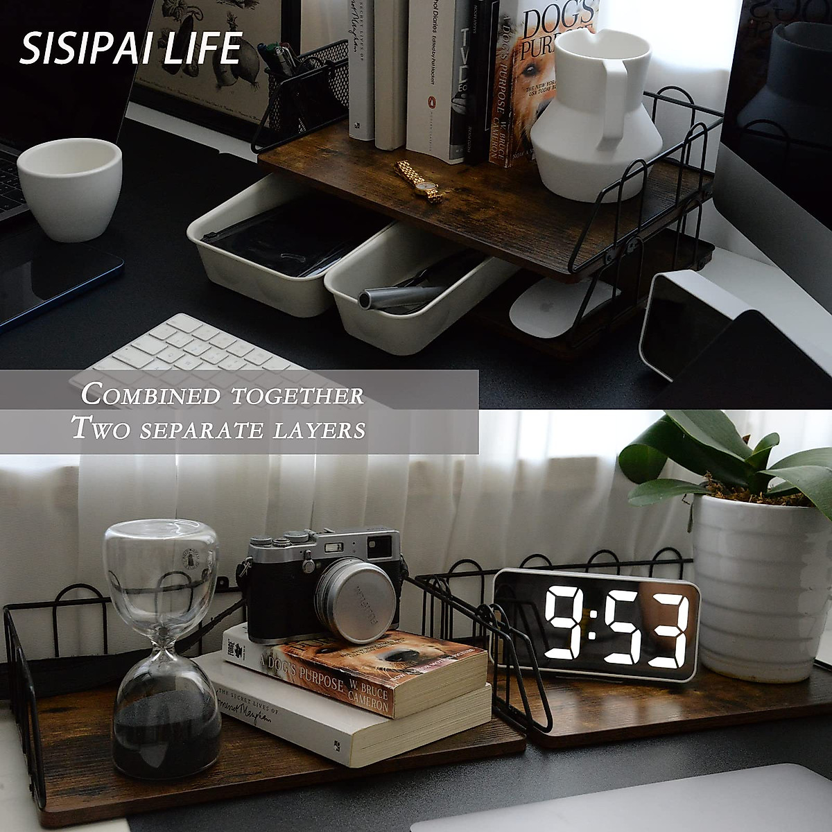 Desk Organizers, File Organizer for Desk, Wood Paper Letter Tray Organizer Stackable for School, Home, Office Supplies with Pen Holder (2 Layer)