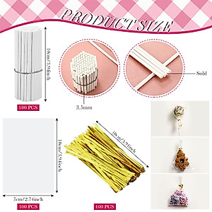 Yinkin Lollipop Cake Pop Treat Bag Set Include 100 Parcel Bags 100 Papery Treat Sticks Metallic Twist Ties Meat Baller with Handles Cake Pops Making Tools for Candies, Chocolates and Cookies (Red)