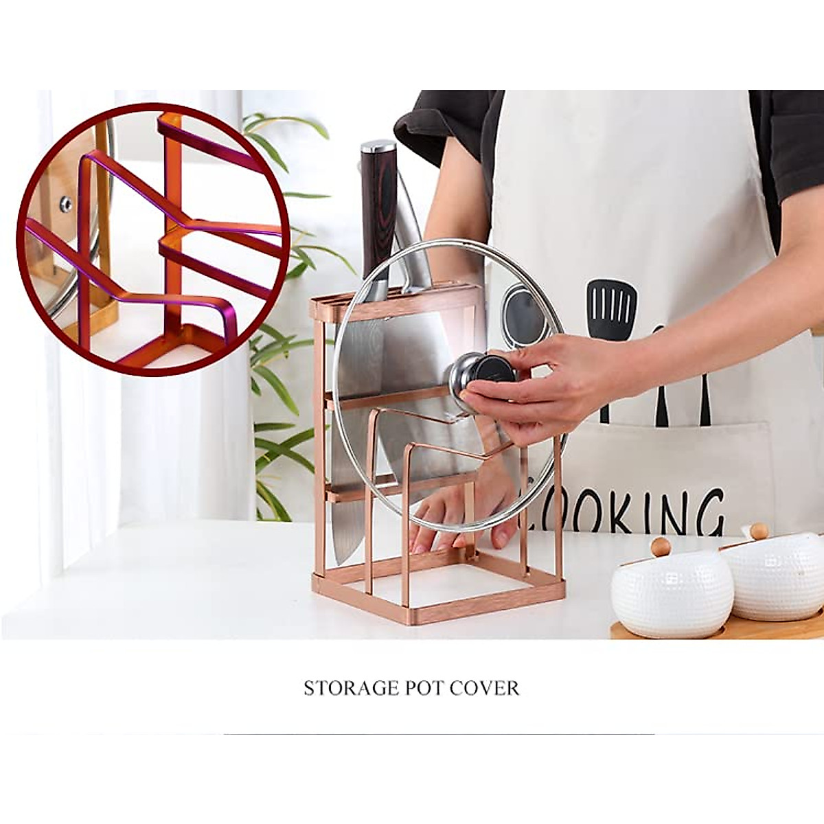 Knife Holder Bakeware Organizer Pot Lid Holder Rack for Pots, Cake Molds, Cutting Boards, Mats, Cookware-Rose Gold