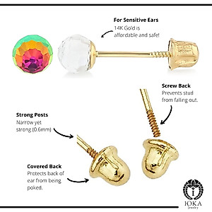 14K REAL Gold CZ Rainbow Crystal Disco Ball Stud Earrings for Women with Screw Backs