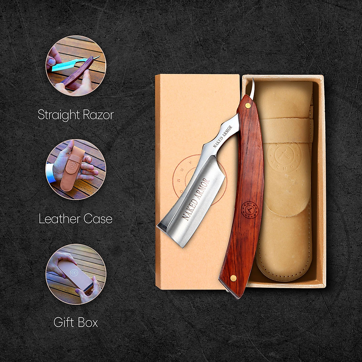 Best Straight Edge Razor - Shave Ready Straight Razor, Stainless Steel + Redwood Straight Razor for Men, Barber Approved Straight Razor, Mens Straight Razor, Leather Case, Close Shave, Great Gift