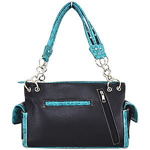 Western Style Rhinestone Cross Studded Laser Cut Wings Tooled Leather Purse Women Handbags Country Shoulder Bag Wallet Set (2Black/Turq Set)