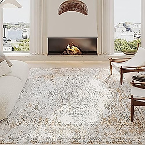jinchan Area Rug 5x7 Taupe Vintage Rug Traditional Floor Cover Foldable Thin Rug Retro Kitchen Accent Rug Indoor Distressed Non Slip Carpet Floral Print Mat Bedroom Living Room Bathroom