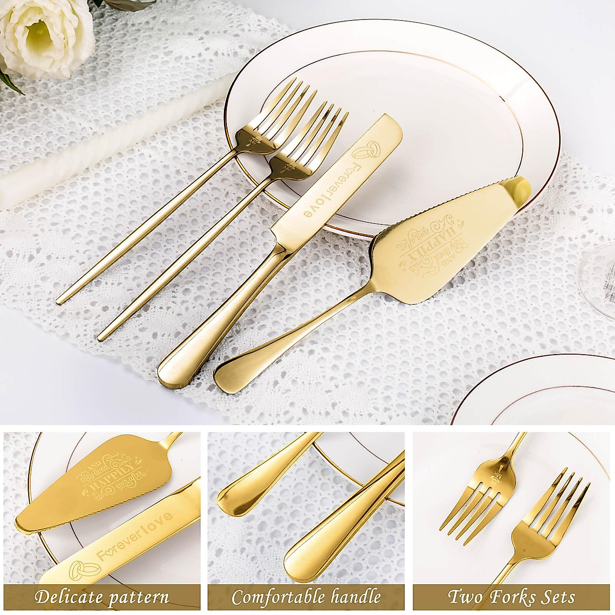 Personalized Cake Cutting Set for Wedding,4 Piece Wedding Cake Knife and Server set, Mr and Mrs Cake Cutter and Forks for Wedding, Birthday, Anniversary, Graduation Gift (gold)