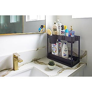 evismo 2-Tier Under Sink Organizer, Bathroom & Kitchen Multipurpose Cabinet Storage, with Pull-out Sliding Drawer, Hooks & Hanging Cups, Adjustable Height, Cabinet Organizer, Black