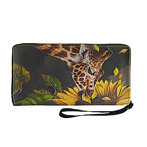 xixirimido Yellow Sunflower Giraffe Pattern Women's Wallet Handbags with Wristlet Pu Leather Bifold Cell Phone Coin Purse for Travel Work