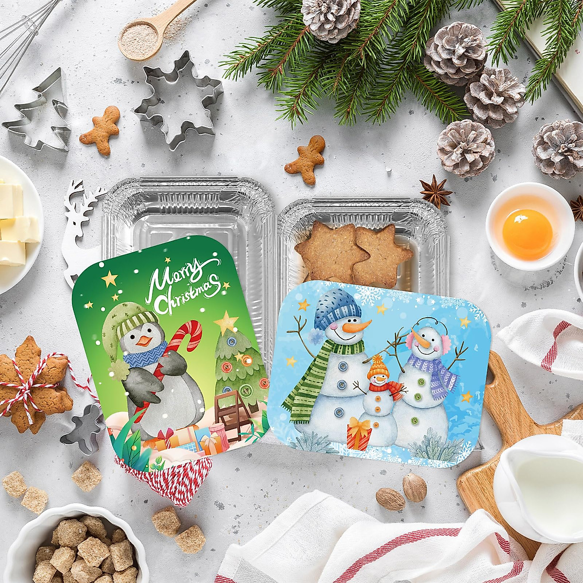 WorldBazaar Christmas Aluminum Food Containers 36PCS Christmas Leftover Containers with Lids Disposable Snowman Christmas To Go Containers Winter Holiday Party Supplies