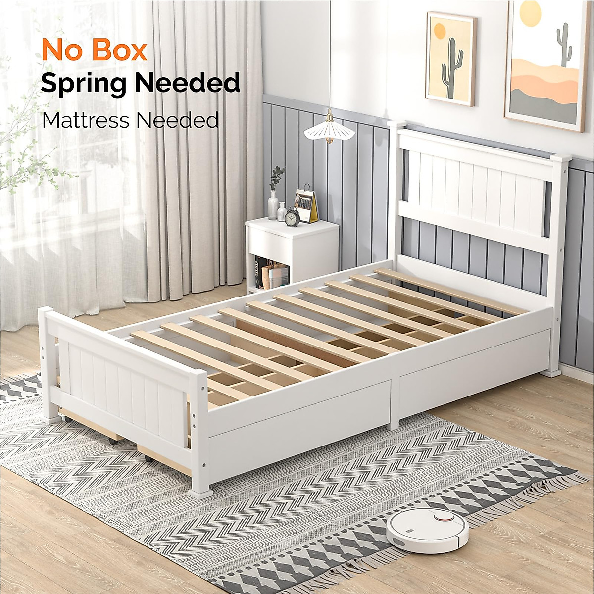 VINGLI Twin Size Bed Frame with 4 Drawers on Wheels and Headboard, Twin Wood Platform Bed with Storage Underneath, Mattress Foundation with Wooden Slats Support, No Box Spring Needed, White