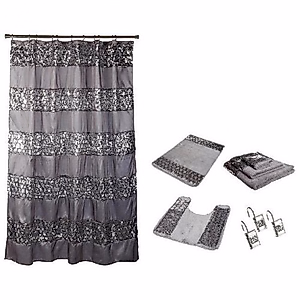 Popular Bath 7 Piece Sinatra Silver Shower Curtain, Resin Hooks, Towels and Rugs Set