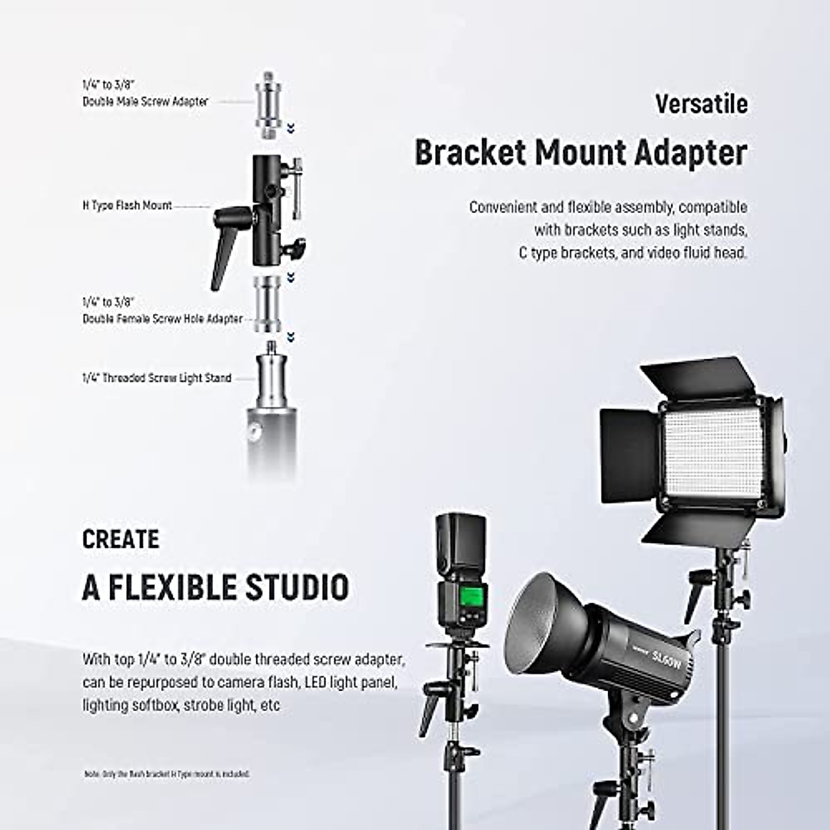 NEEWER Camera Flash Bracket H-Type Mount with Umbrella Softbox Holder, 180° Swivel Adjustable Metal Light Stand Adapter with 1/4" to 3/8" Screw Adapter for Speedlite LED Lamp Light Stand Tripod